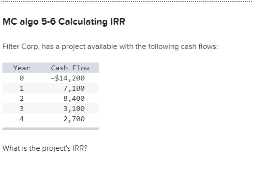 Solved MC algo 5-6 Calculating IRR Filter Corp. has a | Chegg.com Solved MC algo 5-6 Calculating IRR Filter Corp. has a | Chegg.com