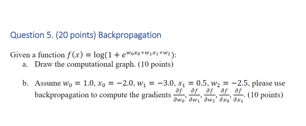 Solved Question 5. (20 points) Backpropagation Given a | Chegg.com