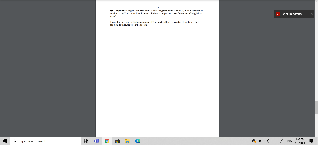 Solved 7 Q5. (20 points) Longest Path problem: Given a | Chegg.com