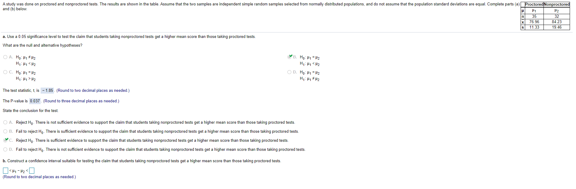 Solved Construct A Confidence Interval Suitable For Testing 2252