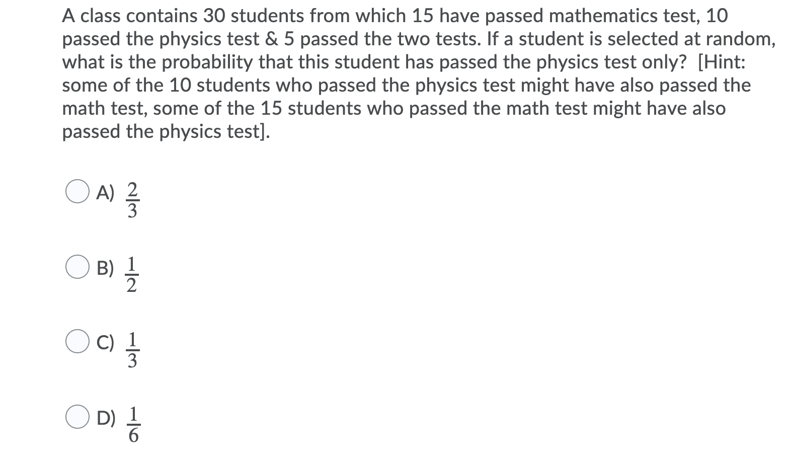 Solved A class contains 30 students from which 15 have | Chegg.com