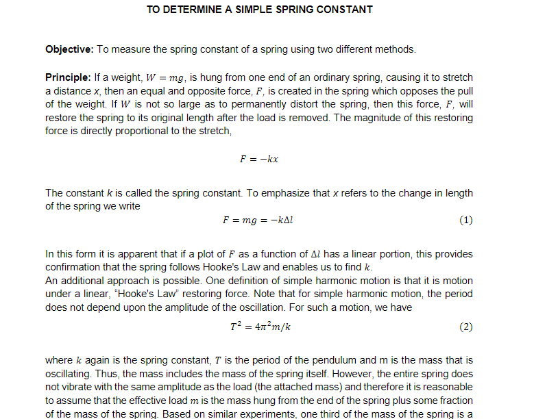 Solved TO DETERMINE A SIMPLE SPRING CONSTANT Objective: To | Chegg.com