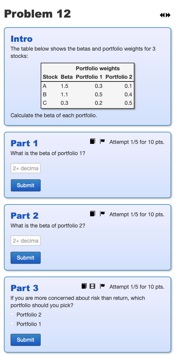 Solved Problem 12 Intro The table below shows the betas and | Chegg.com
