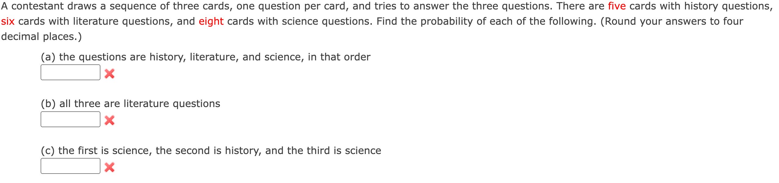 Solved A contestant draws a sequence of three cards, one | Chegg.com