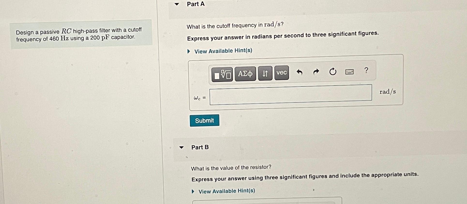 Solved Design a passive RC high-pass filter with a cutoff | Chegg.com