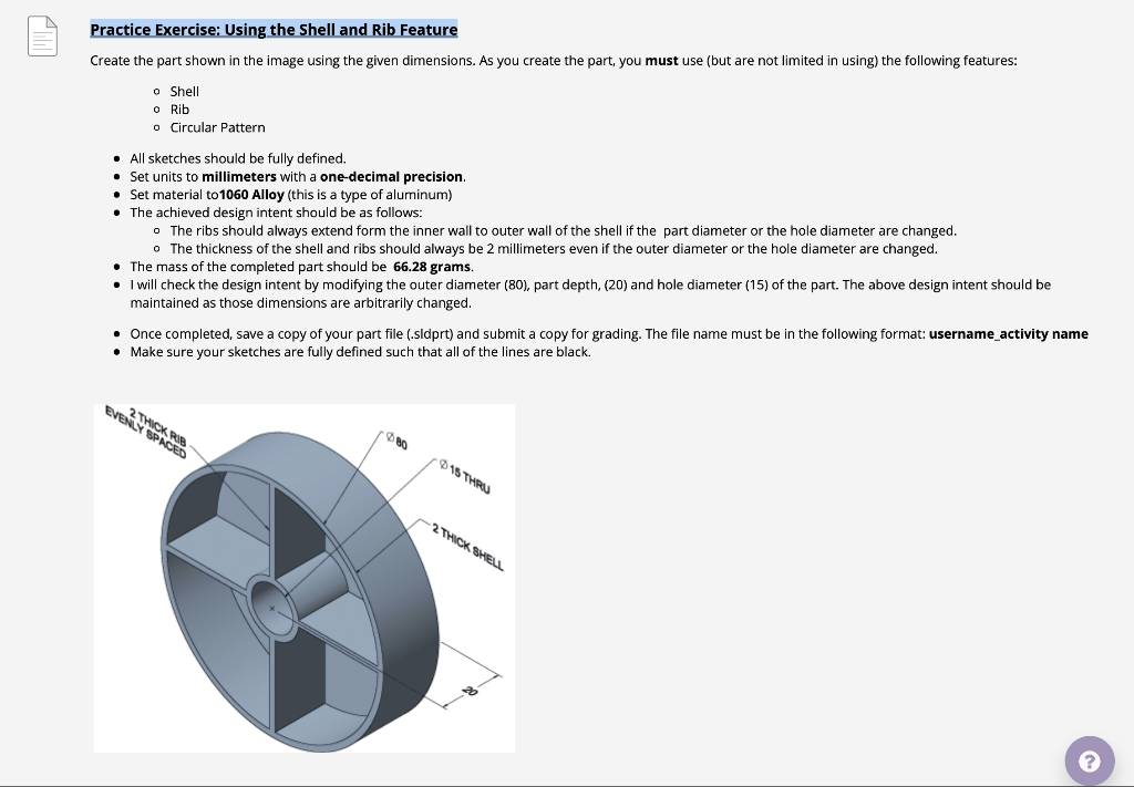 Solved Practice Exercise: Using the Shell and Rib Feature | Chegg.com