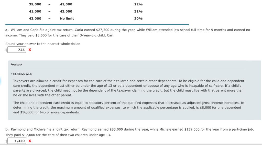 Child and Dependent Care Credit (LO 7.3) Calculate | Chegg.com