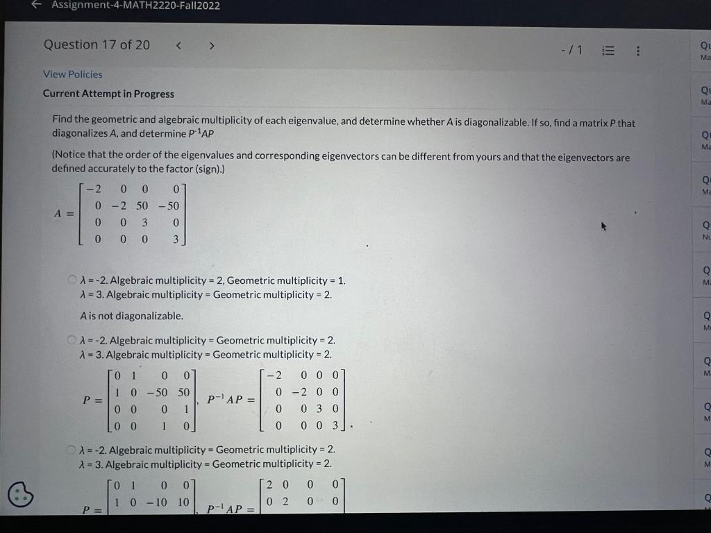 Solved Find the geometric and algebraic multiplicity of each | Chegg.com