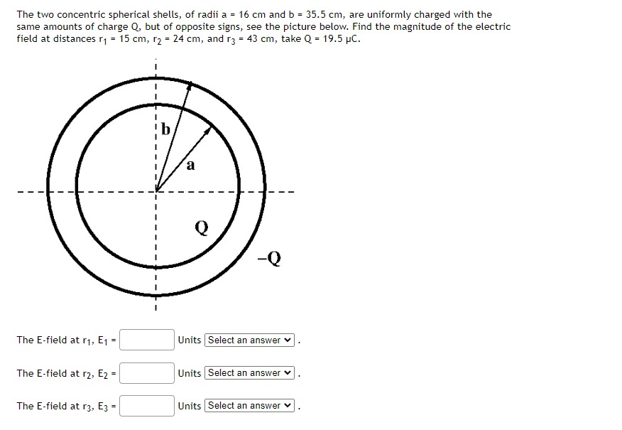 Solved The two concentric spherical shells, of radii a=16 cm | Chegg.com