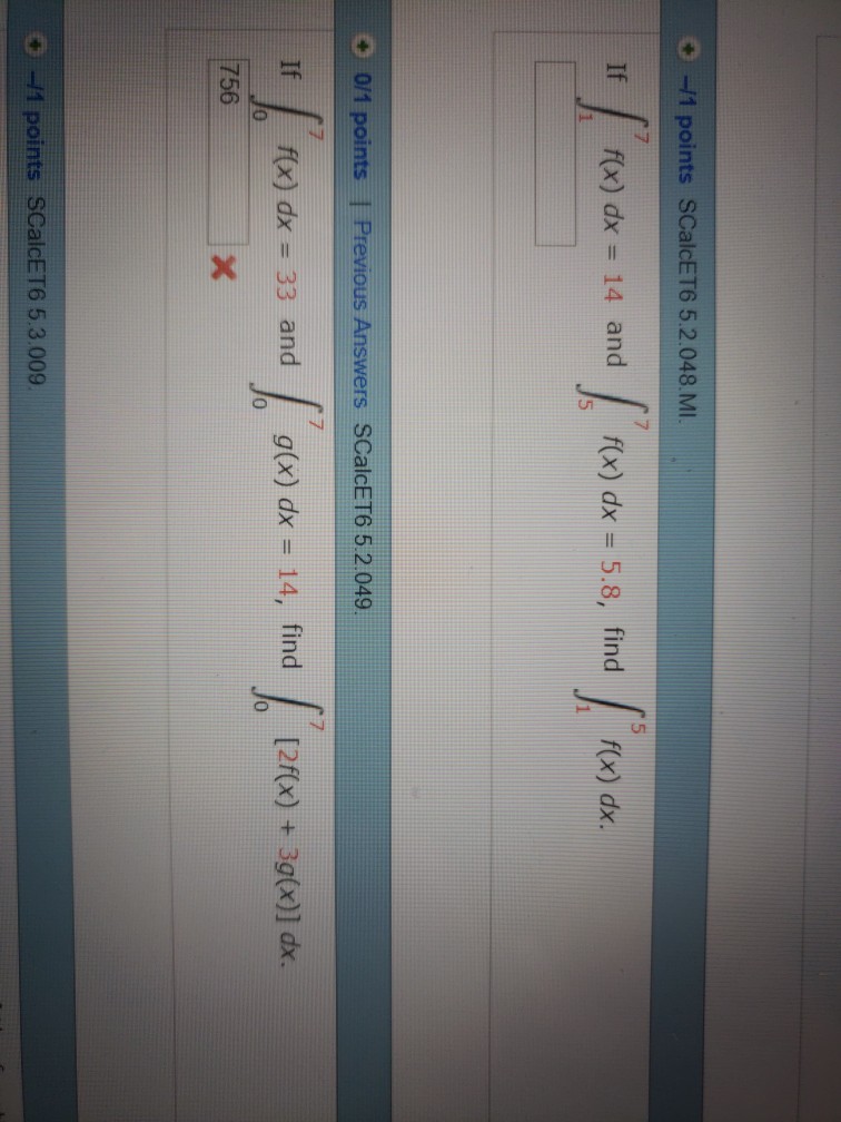 Solved t) .-1 points SCalcET6 5.2.048. MI 7 r 5 If f(x) dx = | Chegg.com