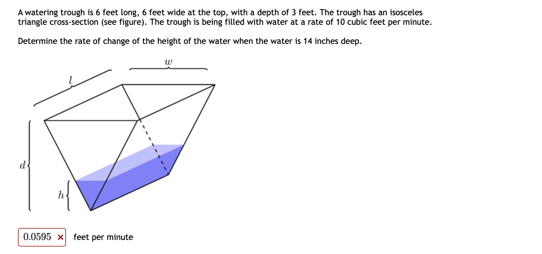 Solved A watering trough is 6 feet long, 6 feet wide at the | Chegg.com