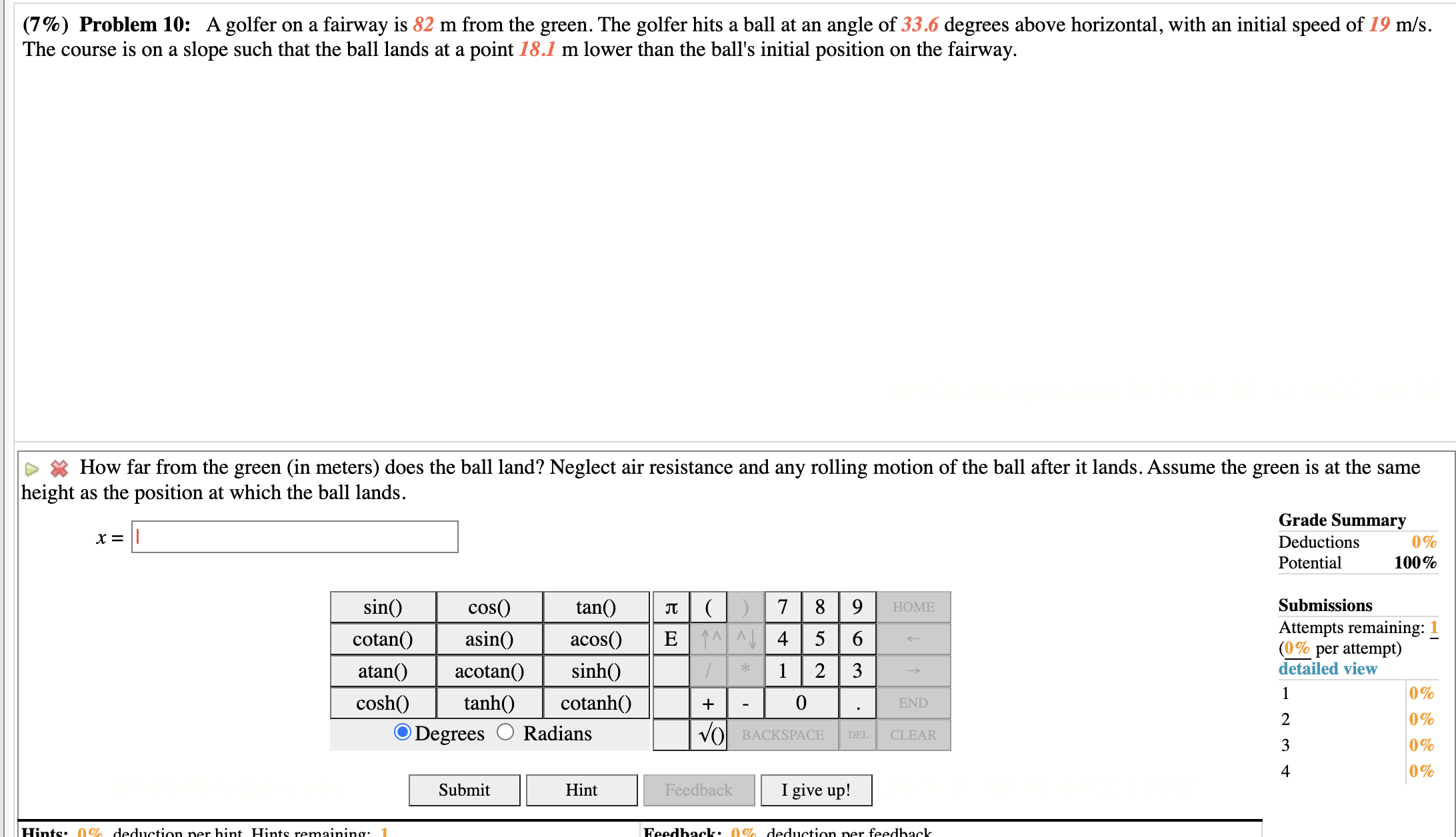 Solved (7\%) Problem 10: A golfer on a fairway is 82 m from | Chegg.com