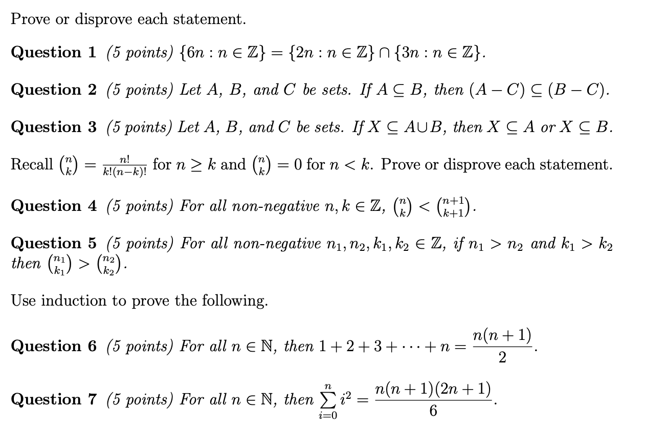 Solved Prove or disprove each statement. Question 1 (5 | Chegg.com