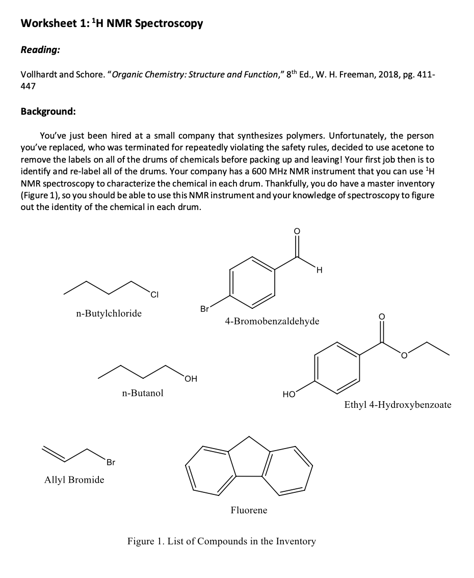 Solved Worksheet 1:1H NMR Spectroscopy Reading: Vollhardt | Chegg.com