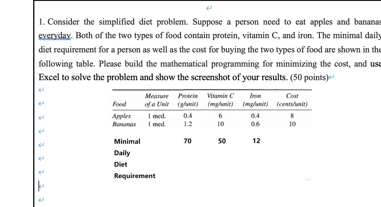 Solved 1. Consider the simplified diet problem. Suppose a | Chegg.com