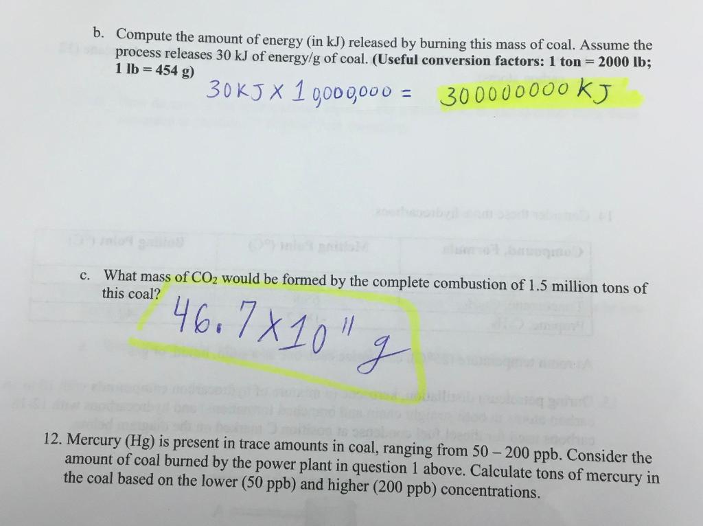 Solved 11. Coal Calculations a. Assuming the composition of | Chegg.com