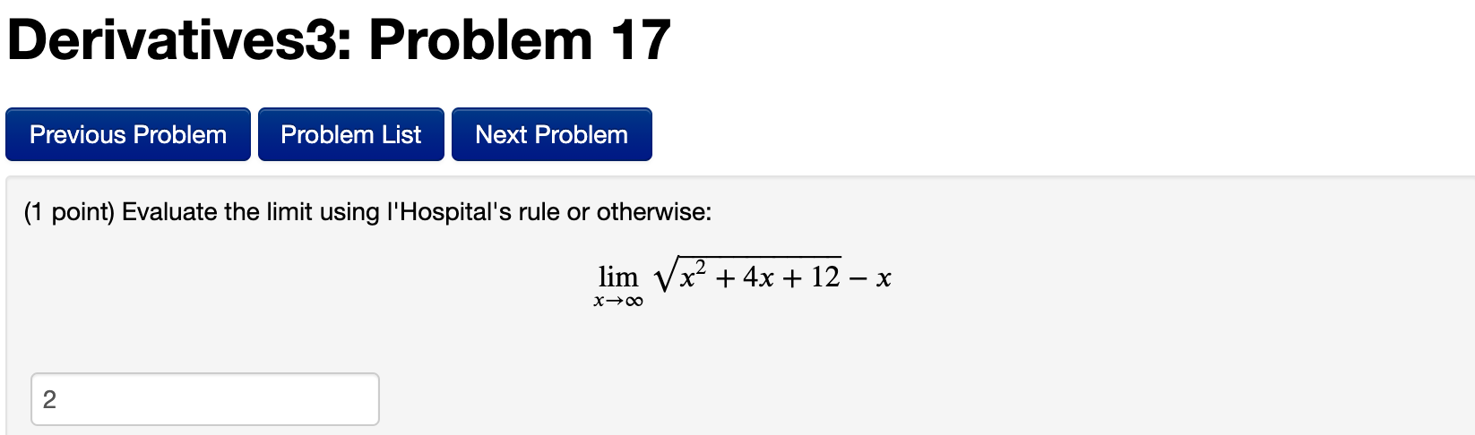 Solved Derivatives3: Problem 17 Previous Problem Problem | Chegg.com