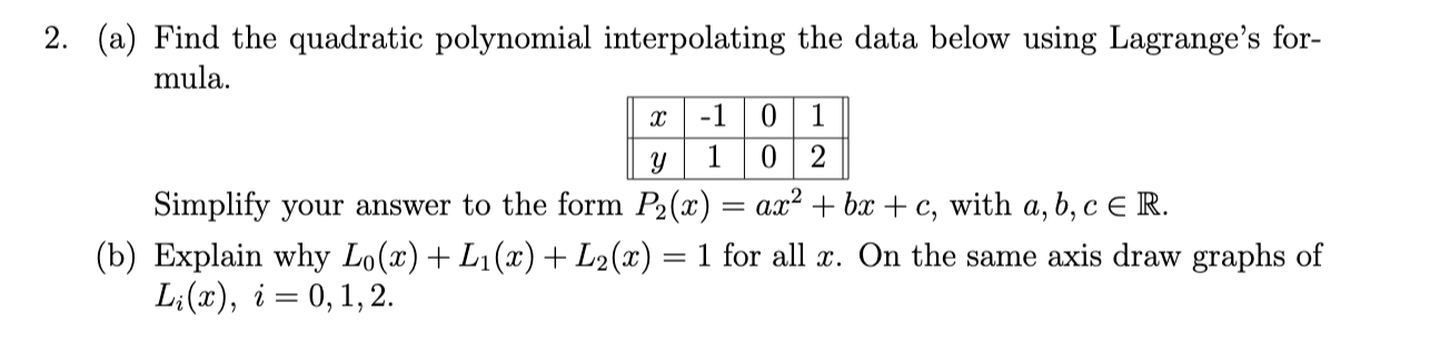 Solved 2. (a) Find the quadratic polynomial interpolating | Chegg.com