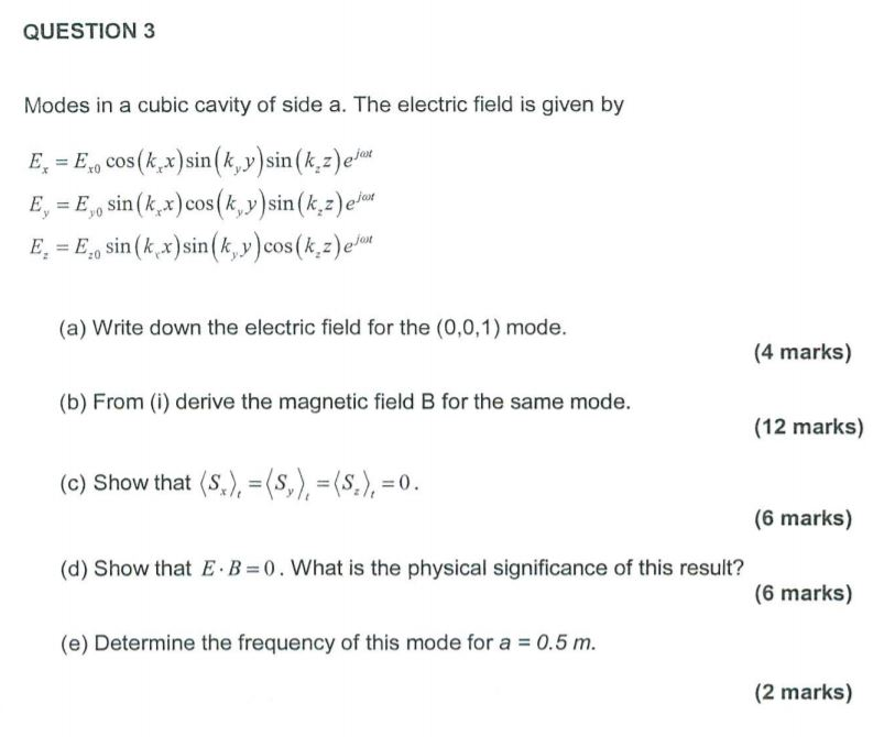 Solved QUESTION 3 Modes in a cubic cavity of side a. The | Chegg.com
