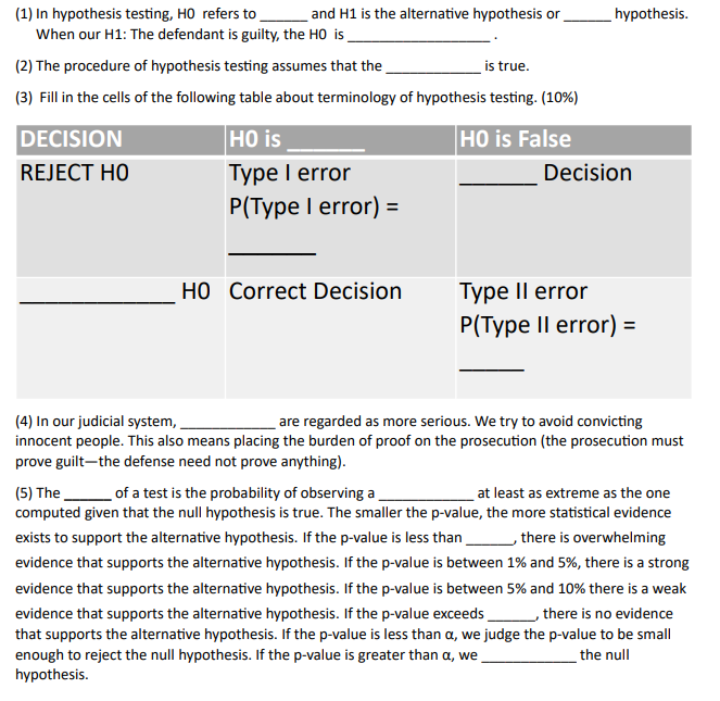 Solved (1) In hypothesis testing, HO refers to and H1 is the | Chegg.com