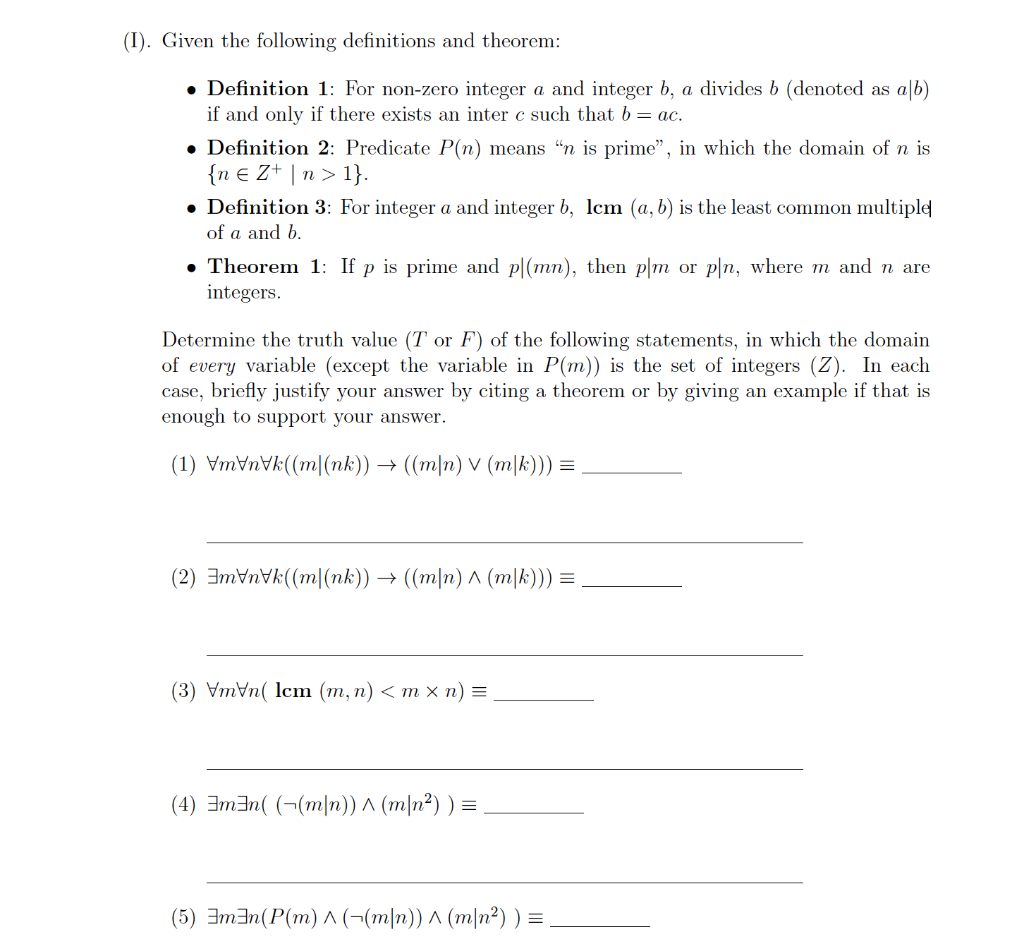 Solved (I). Given the following definitions and theorem: • | Chegg.com