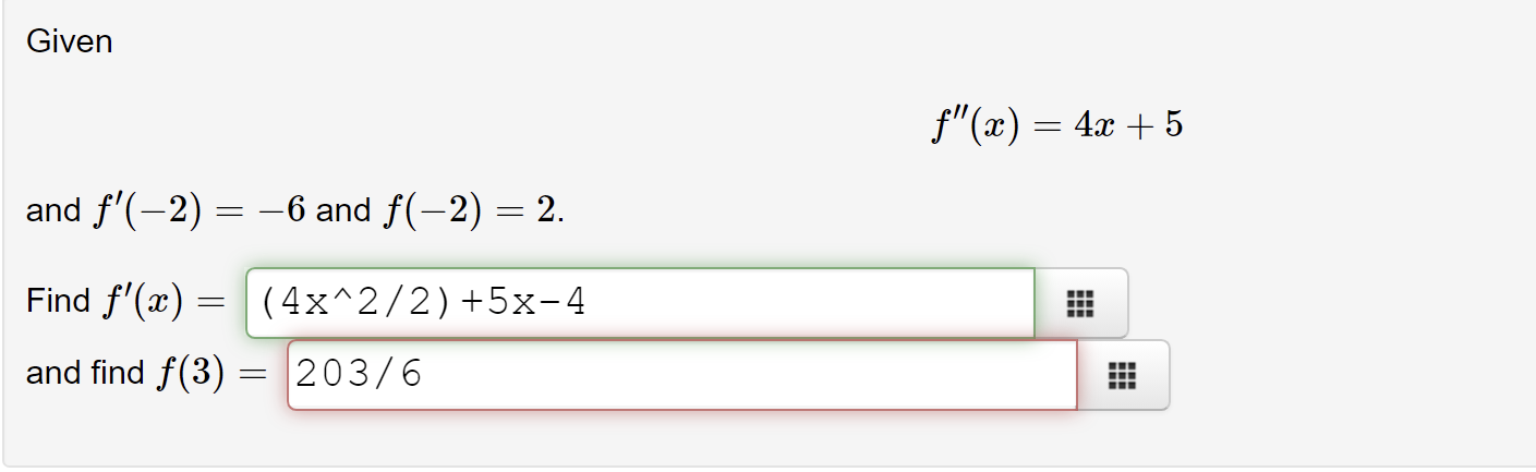 Solved f′′(x)=4x+5 f′(−2)=−6 and f(−2)=2. f′ find f(3)= | Chegg.com