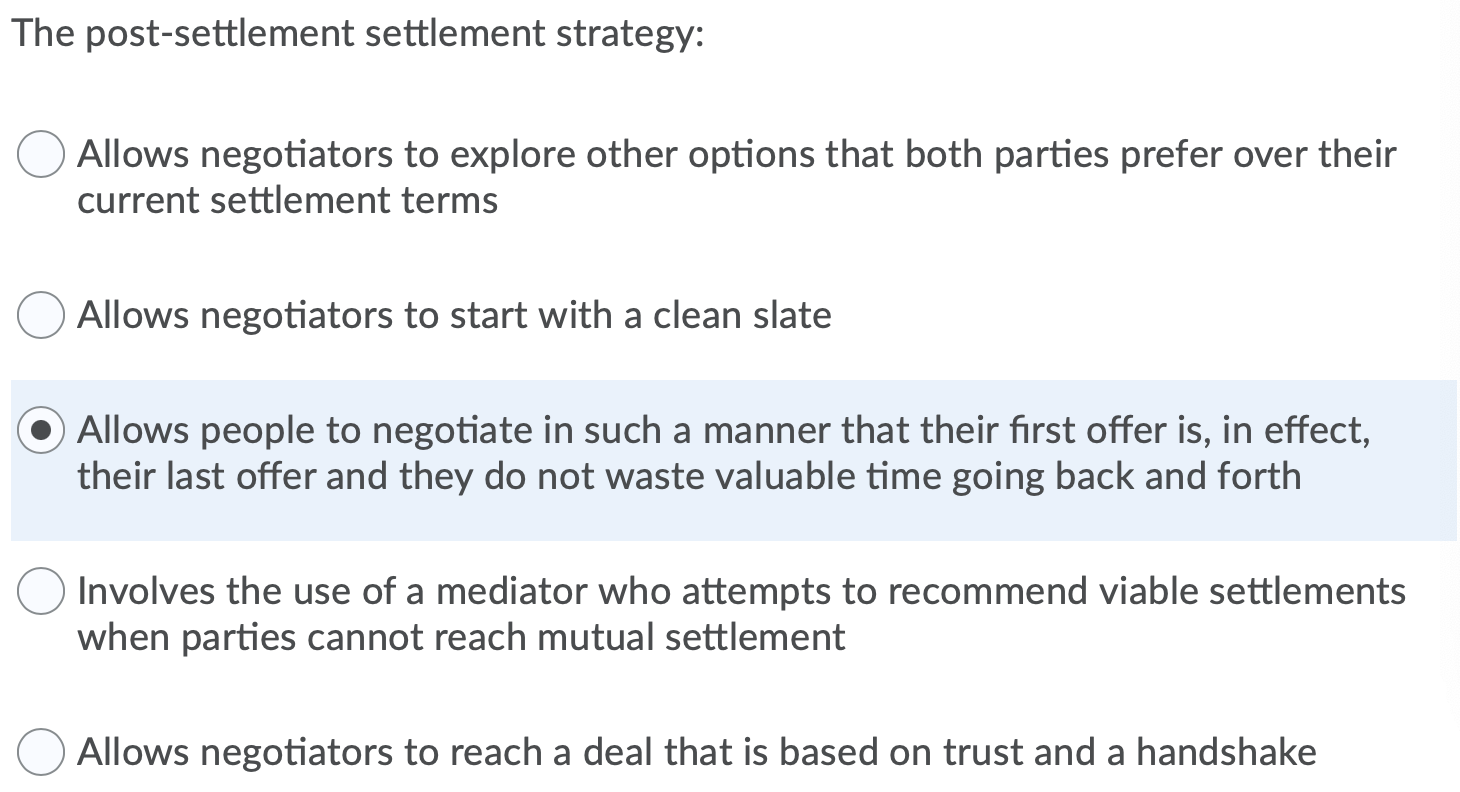 Solved The post-settlement settlement strategy: Allows | Chegg.com