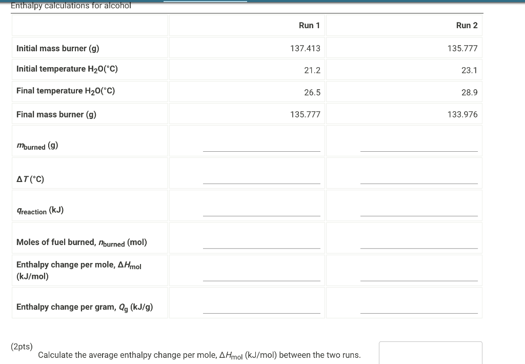 Solved (2pts) Calculate the average enthalpy change per | Chegg.com