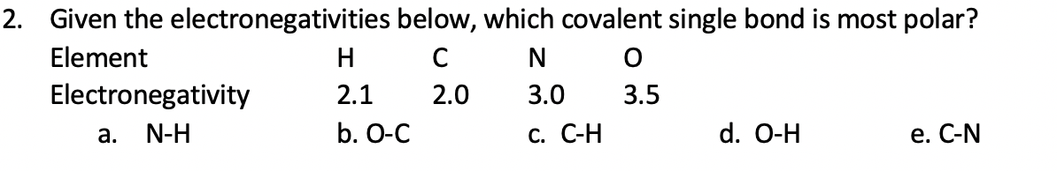 Solved 2. Given the electronegativities below, which | Chegg.com