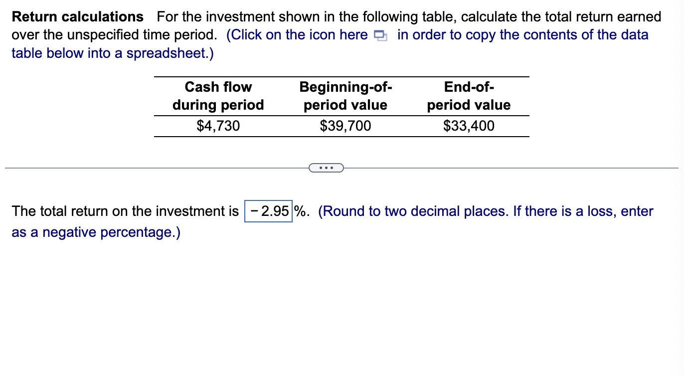 Solved Return calculations For the investment shown in the | Chegg.com