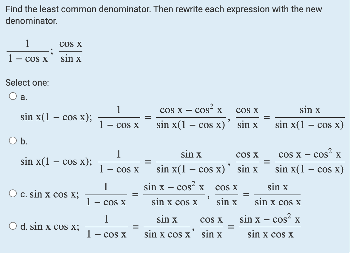 Solved Find the least common denominator. Then rewrite each | Chegg.com