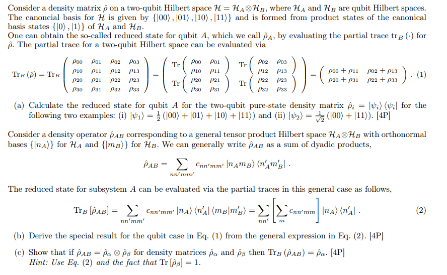Consider a density matrix ρ^ on a two-qubit Hilbert | Chegg.com