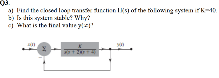 Solved Q3. a) Find the closed loop transfer function H(s) of | Chegg.com