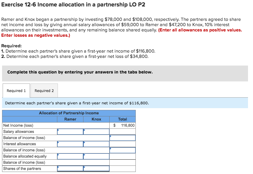 Solved Exercise 12-6 Income allocation in a partnership LO | Chegg.com
