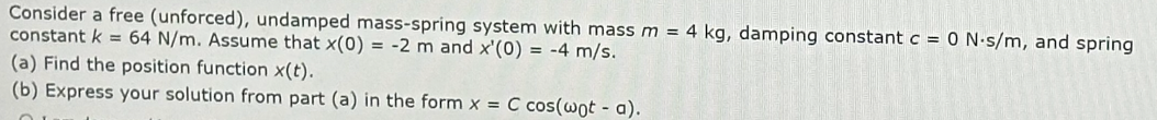 Solved Consider a free (unforced), undamped mass-spring | Chegg.com