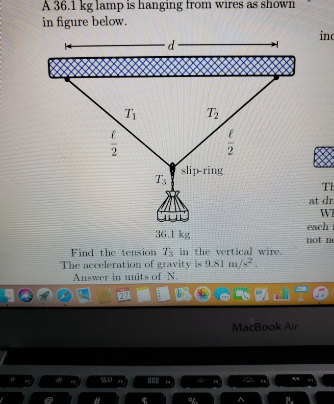 Solved A 36.1 kg lamp is hanging from wires as shown in | Chegg.com