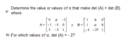 Solved Determine the value or values of a that make det (A) | Chegg.com
