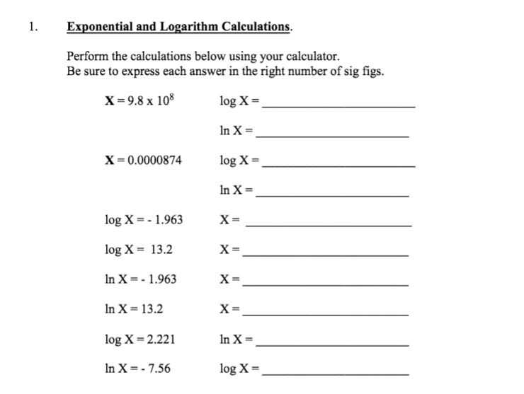 Solved 1. Exponential and Logarithm Calculations. Perform | Chegg.com