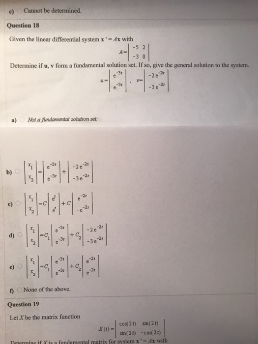 Solved e) Cannot be determined. Question 18 Given the linear | Chegg.com