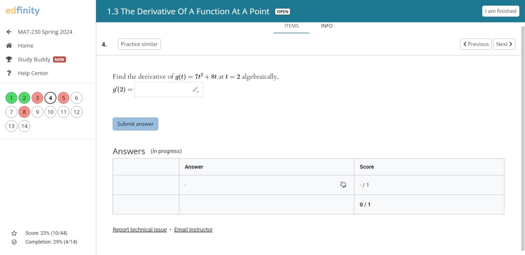 Solved Find the derivative of g(t)=7t2+8t ﻿at t=2 | Chegg.com