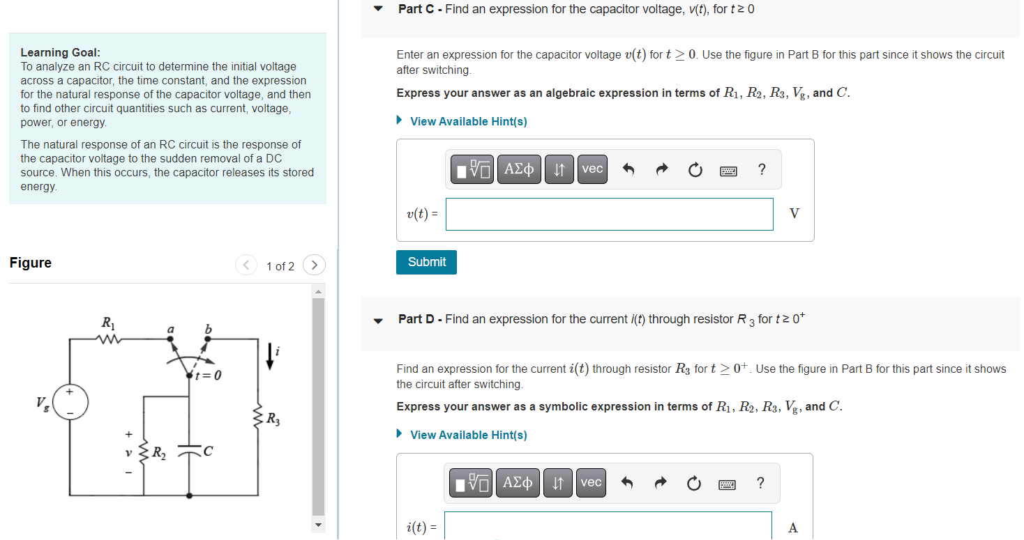 Solved Part C - Find an expression for the capacitor | Chegg.com