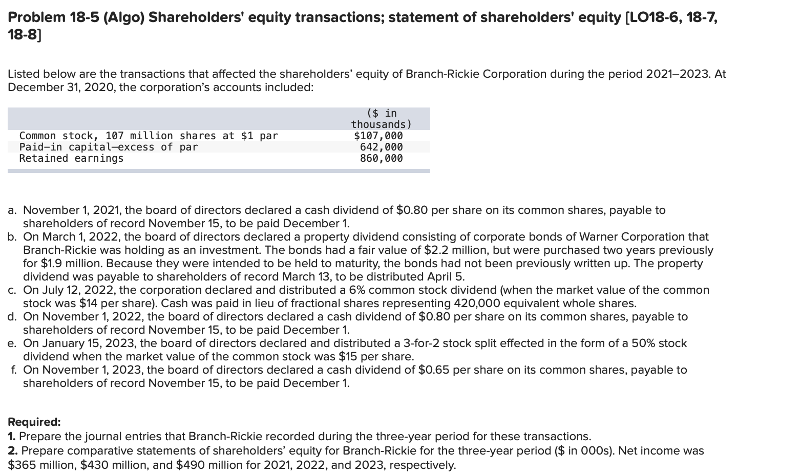 Solved Problem 18-5 (Algo) Shareholders' equity | Chegg.com