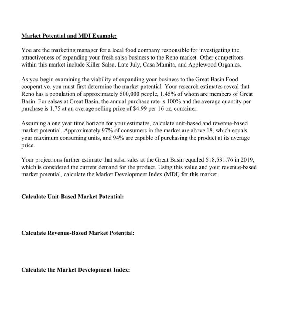 Solved Market Potential and MDI Example: You are the | Chegg.com