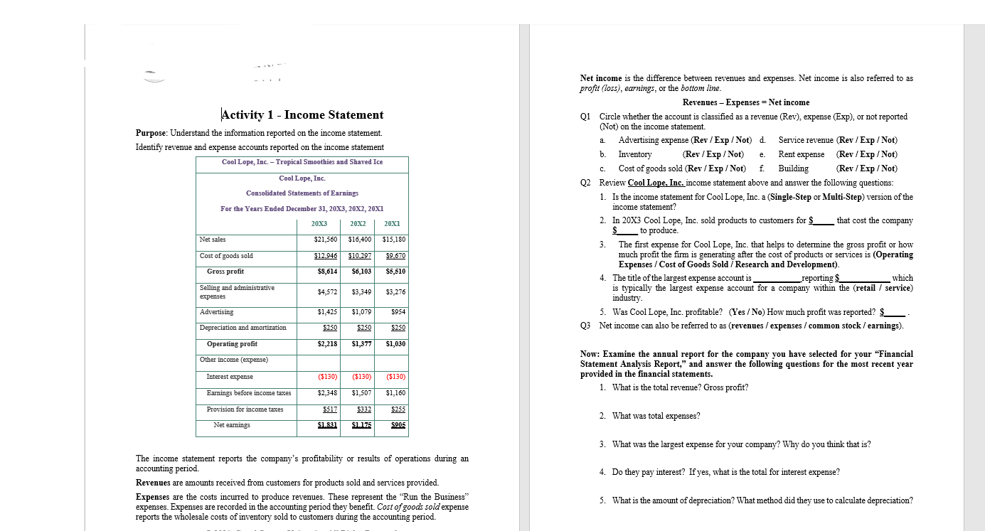 Solved e. Activity 1 - Income Statement Purpose: Understand | Chegg.com