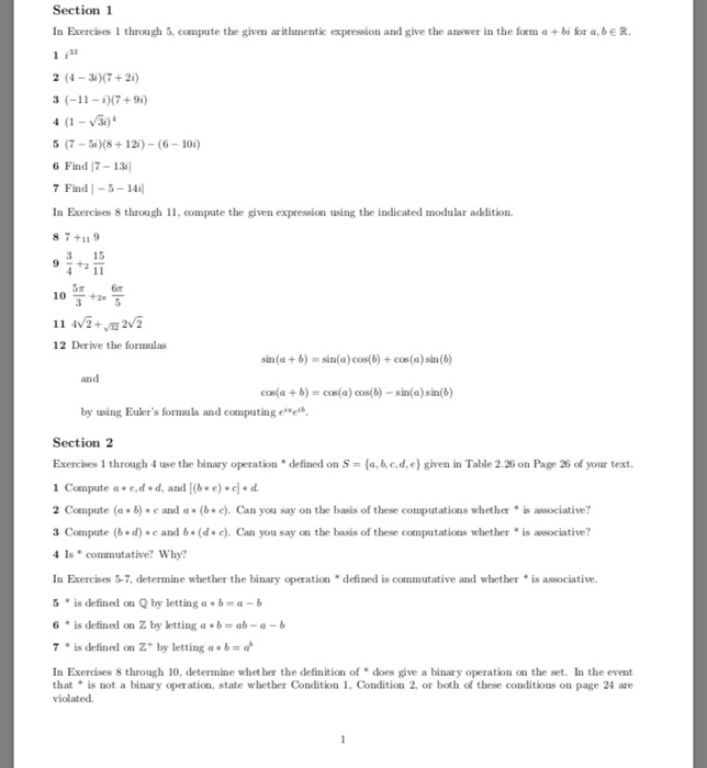 Solved Section 1 ver in the form a bi for a, be R. In | Chegg.com