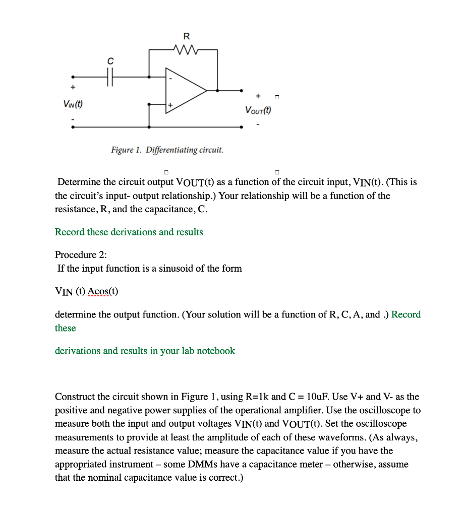Solved VIN(t) Vour(t) Figure 1. Differentiating circuit | Chegg.com