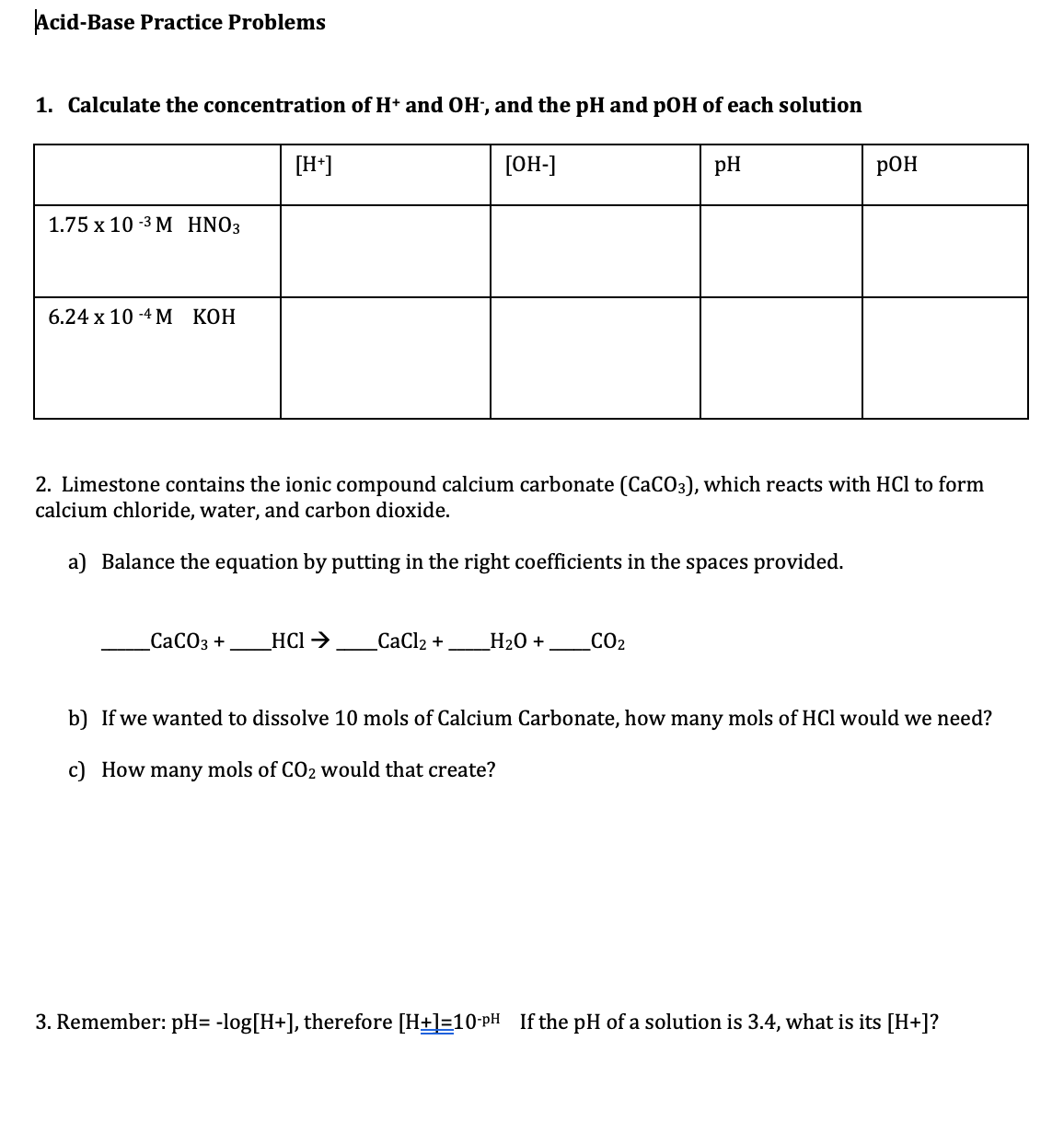 Solved Acid-Base Practice Problems 1. Calculate the | Chegg.com