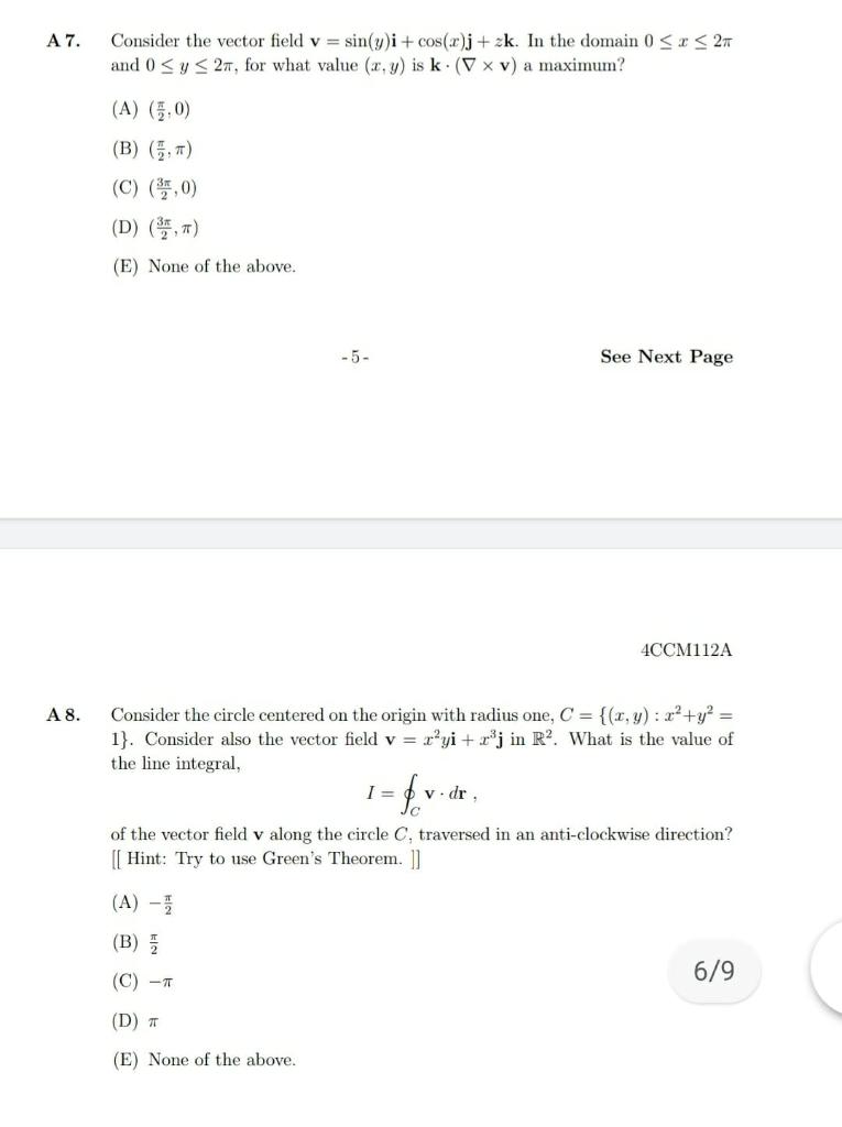 A 7. Consider the vector field v=sin(y)i+cos(x)j+zk. | Chegg.com