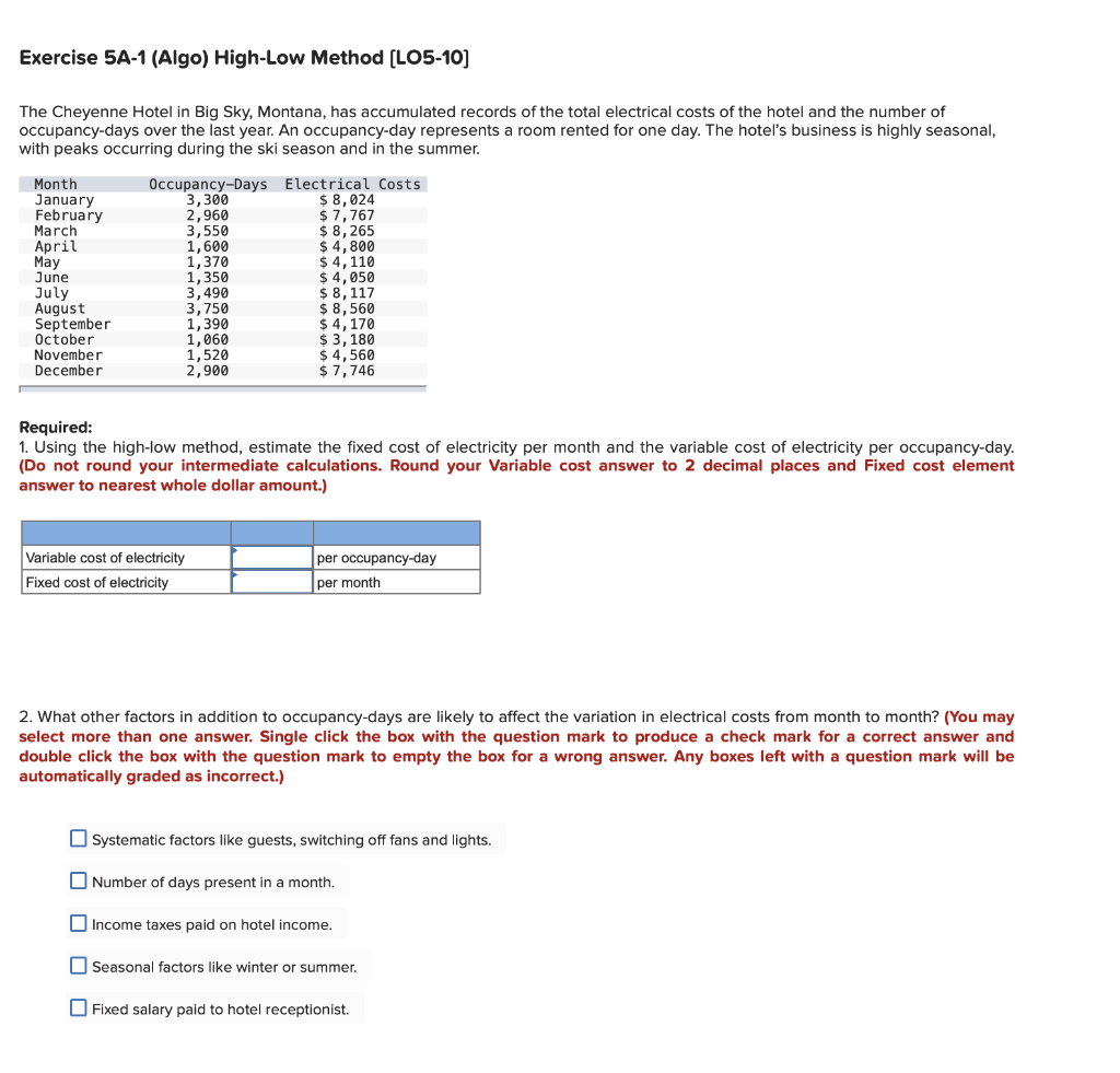 Solved Exercise 5A-1 (Algo) High-Low Method (LO5-10) The | Chegg.com