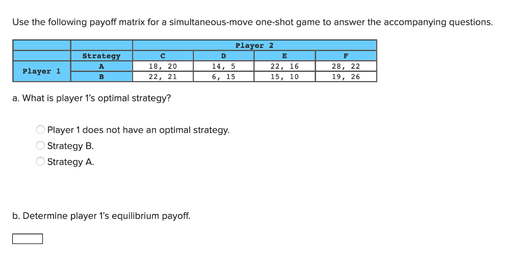 Solved Use the following payoff matrix for a | Chegg.com
